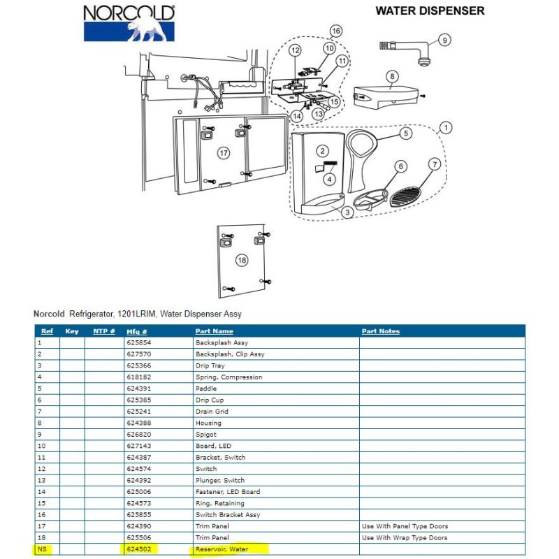 Norcold Refrigerator Water Dispenser Reservoir - 624502